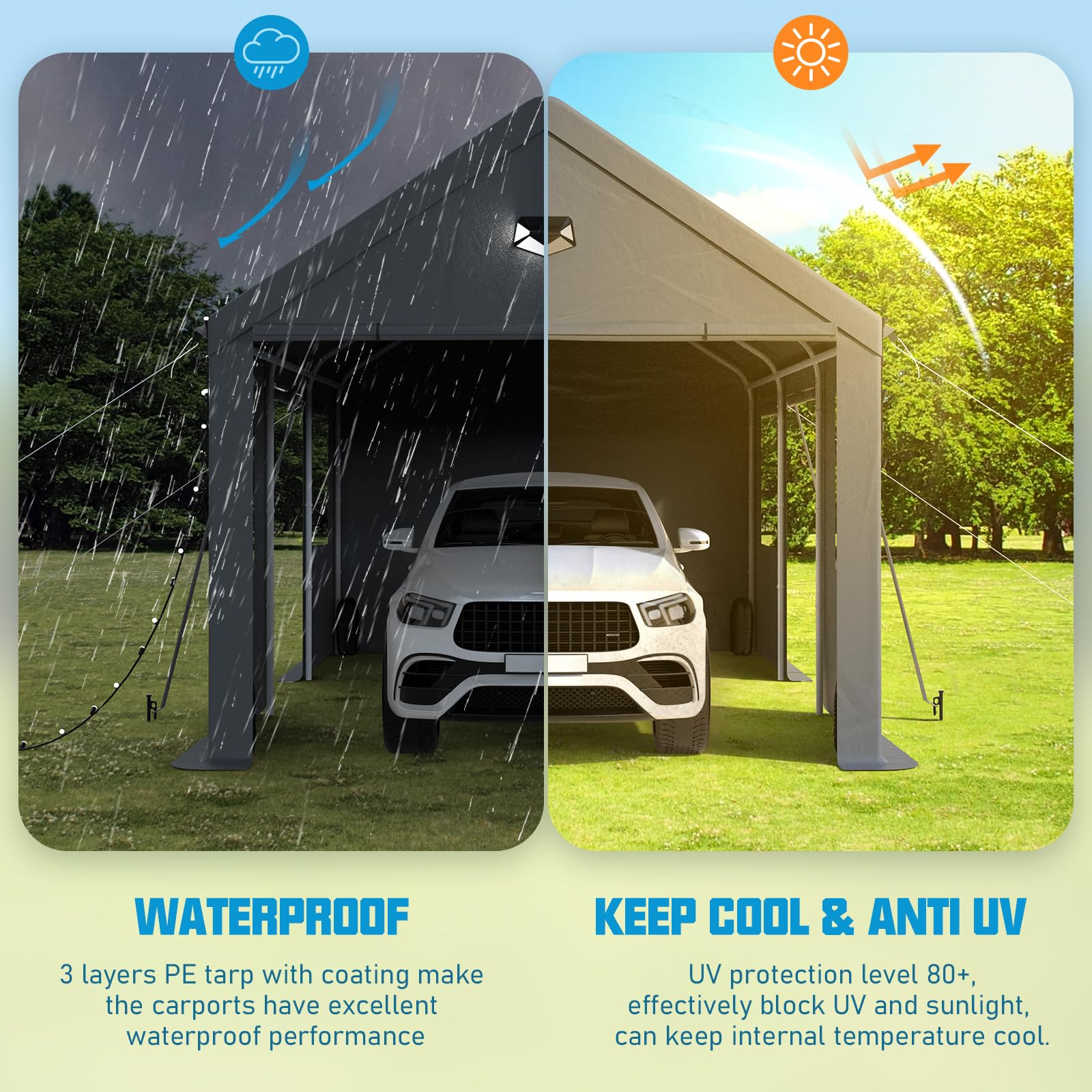 Benass 10x16 Carport, Heavy Duty Car Port, Portable Garage Carports Canopy with Roll Up Doors & Windows and Removable Sidewalls, White