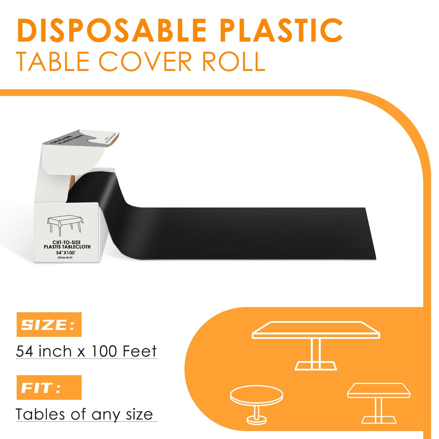 Black Disposable Plastic Table Cloth Roll 54" X 100', Plastic Table Cover with Cutter Box, Cut to Size Disposable Tablecloth for Parties