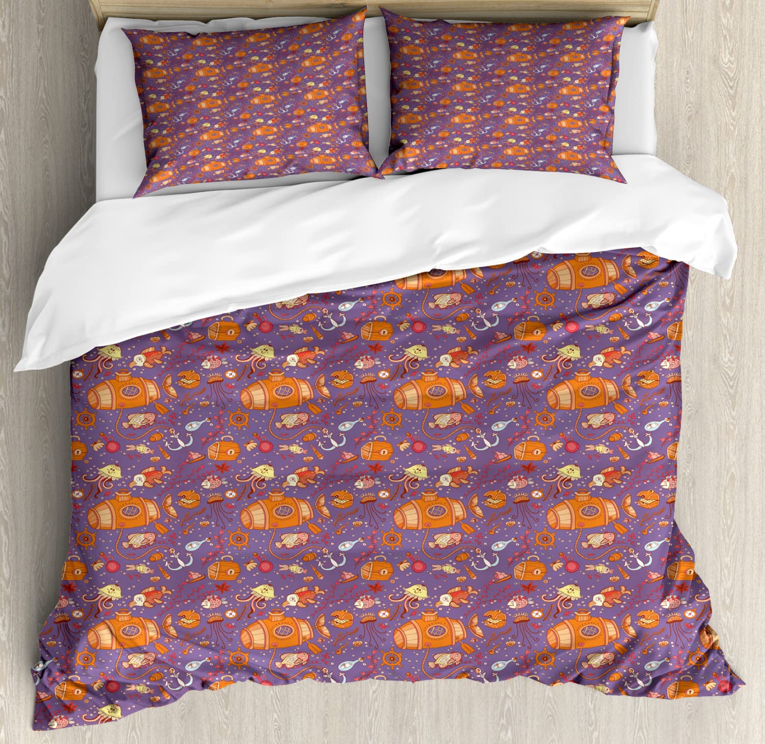 Ambesonne Submarine Duvet Cover Sets, Energetic Colorful Abstract Drawing of Underwater Jellyfish Anchor Fish Chest, Bedding Set with 2 Duvet Covers 4 Pillowcases, 2 Pack Cal King Size, Multicolor