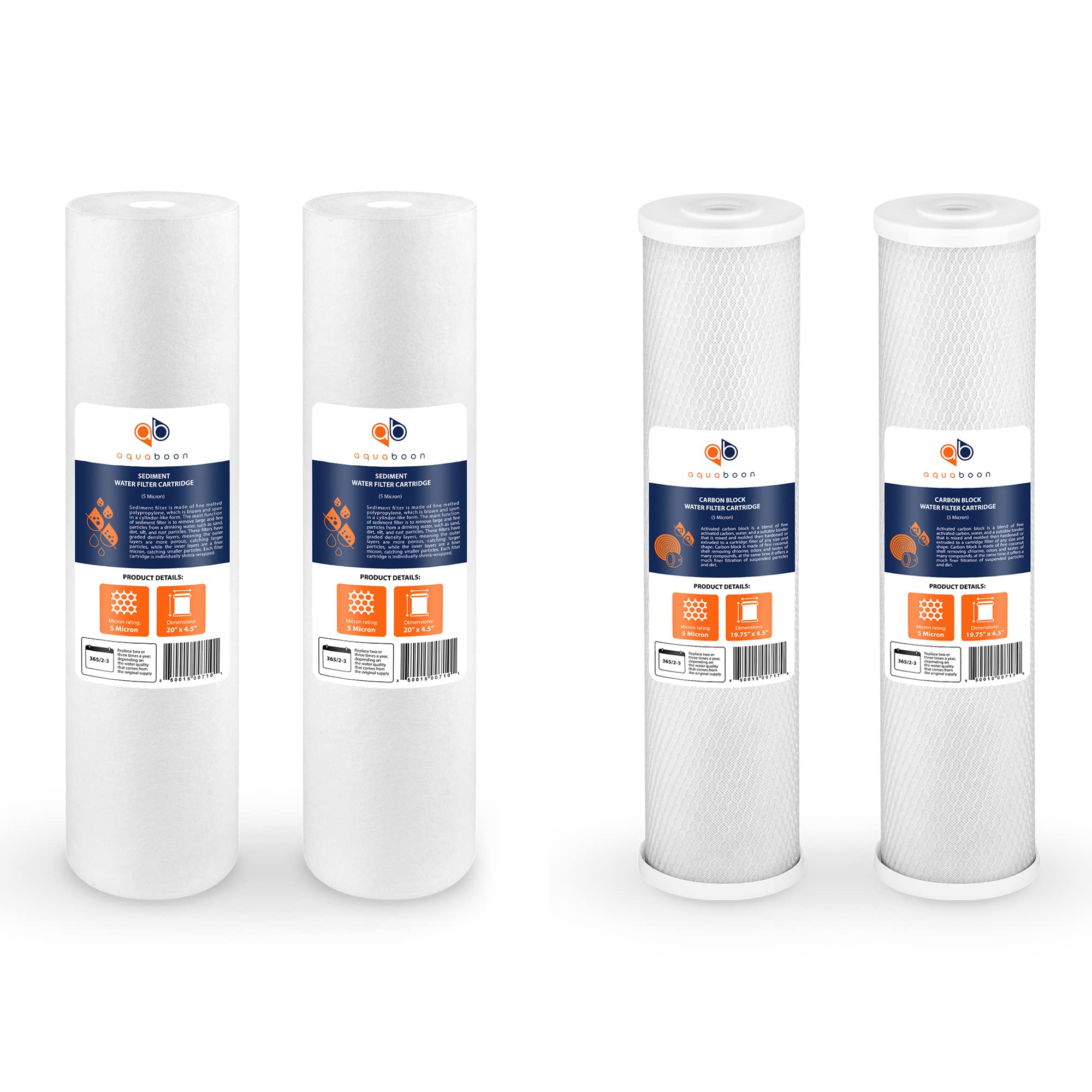 Aquaboon 2-Pack of 5 Micron 20" x 4.5" Sediment Water Filter Replacement Cartridge & Aquaboon 2-Pack Coconut Shell Water Filter Cartridge | Universal Whole House 5 Micron 20 inch Cartridges