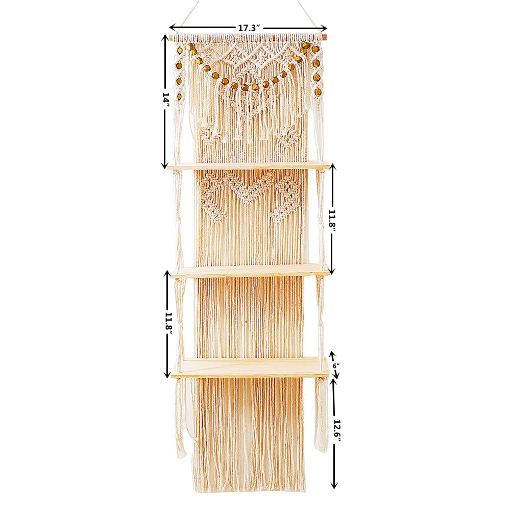 Macrame Wall Hanging Shelf with Enhanced Solid Wood Shelves and Handmade Macrame to Organize Plants and Decor — 3 Tier Macrame Shelf Wall Hanging Bohemian Decorative Shelves for Kitchen,Home Storage