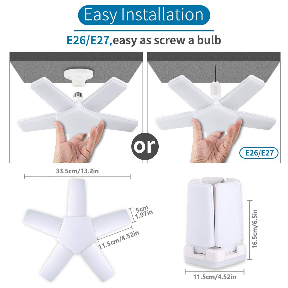 ALOVECO LED Garage Lights, LED Garage Ceiling Lights 60W 6000LM, E26/E27,CRI 80, 6000K Daylight White with 5 Adjustable Panels, Deformable LED Shop Lights for Garage Warehouse Workshop Basement…