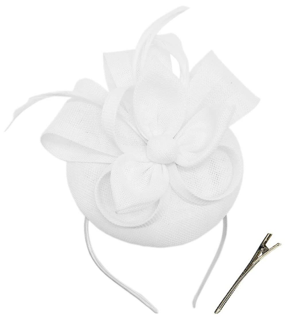Ahugehome Fascinator Hats for Women Feather Headband Fascinators Pillbox hat Wedding (H White)
