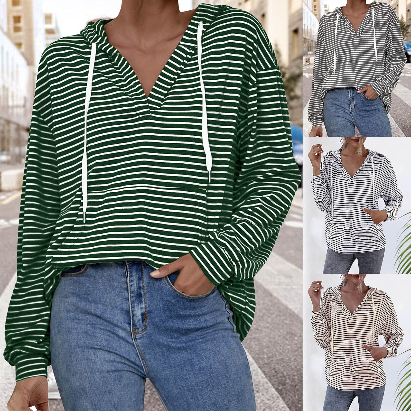 KHIIen Women's Casual Stripe Print Hoodies Tops Long Sleeve Drawstring Pullover Sweatshirts with Pocket