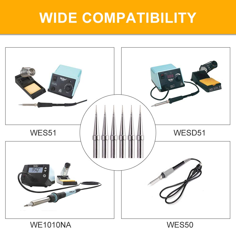 6pcs Replacement Tips Weller ET Soldering Iron Tips for WES51/50,WESD51,WE1010NA,PES51 / 50,LR21 ET Tip Series (6PCS-02)
