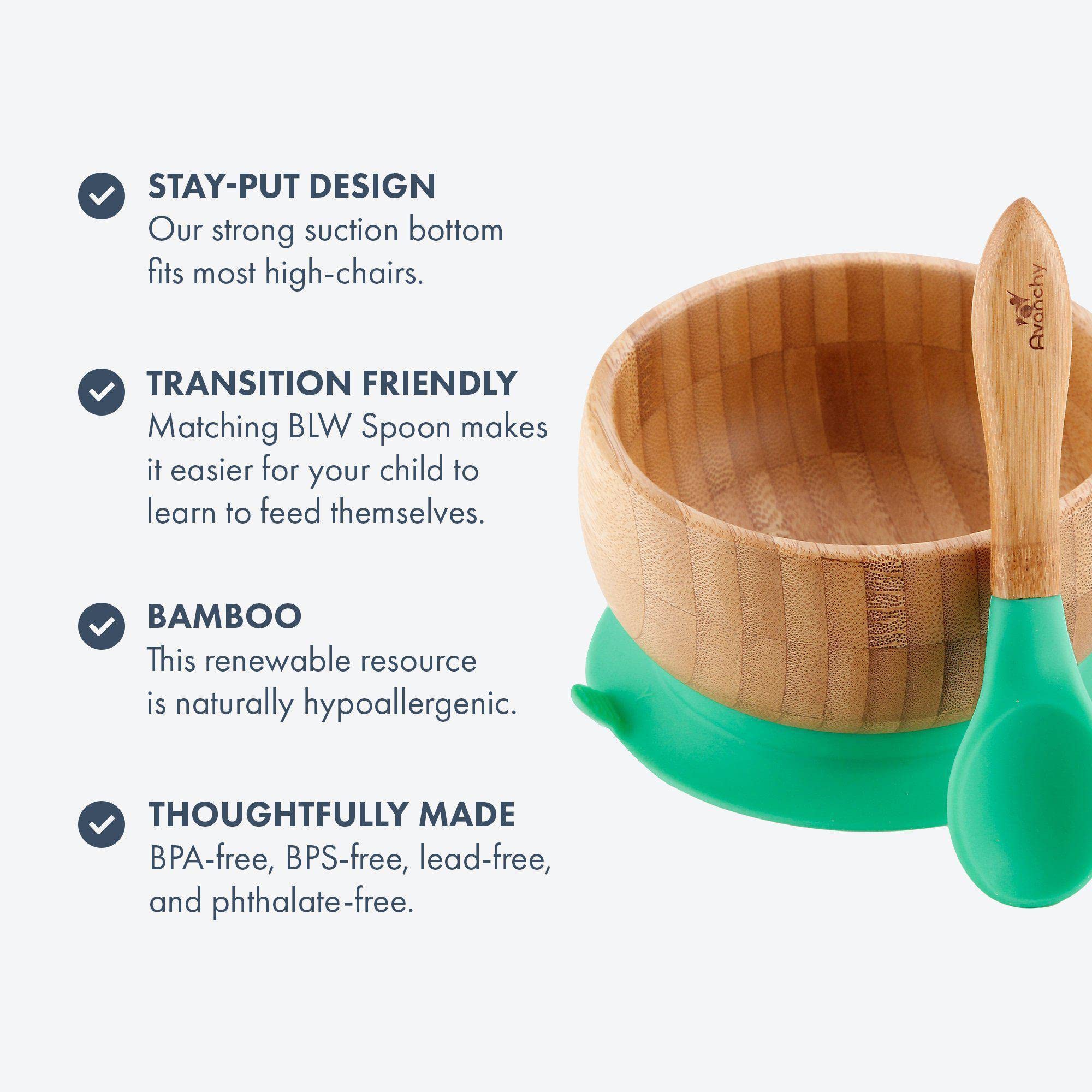 Maven Gifts: Avanchy Baby Feeding Gift Set – Bamboo Stay Put Suction Bowl with Spoon, Blue, and Bamboo Stay Put Suction 3-Section Plate with Spoon, Blue– Ages 6 Months and Up