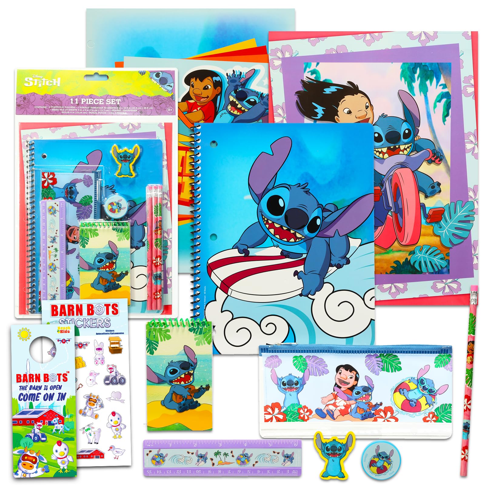 Beach Kids Stationery Set - 11 Pc Bundle with Folder, Notebook, Erasers, Case, Stickers, and More (Lilo and Stitch)