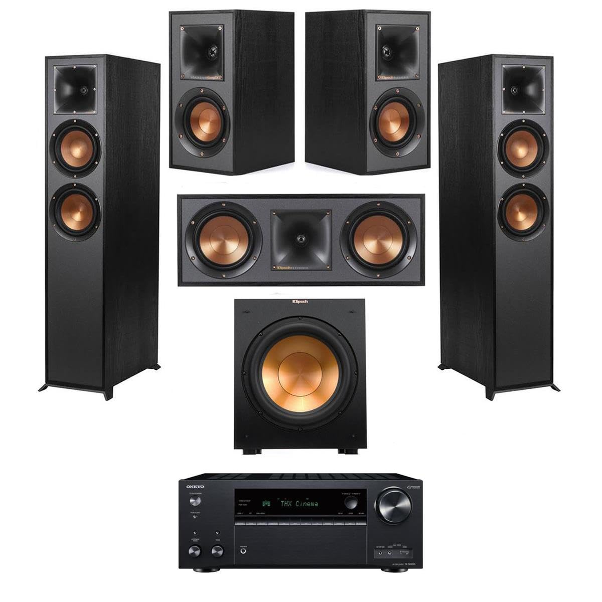 Klipsch Reference Series 5.2 Home Theater Pack with 2X R-625FA Floorstanding Speakers, R-52C Center Channel Speaker, 2X R-41M Bookshelf Speakers (Speaker System + Subwoofer + Receiver)