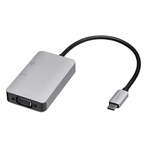 Amazon Basics USB-C 3.1 Adapter with VGA, USB 3.0 Port, USB-C ports and 100W Power Delivery, Gray