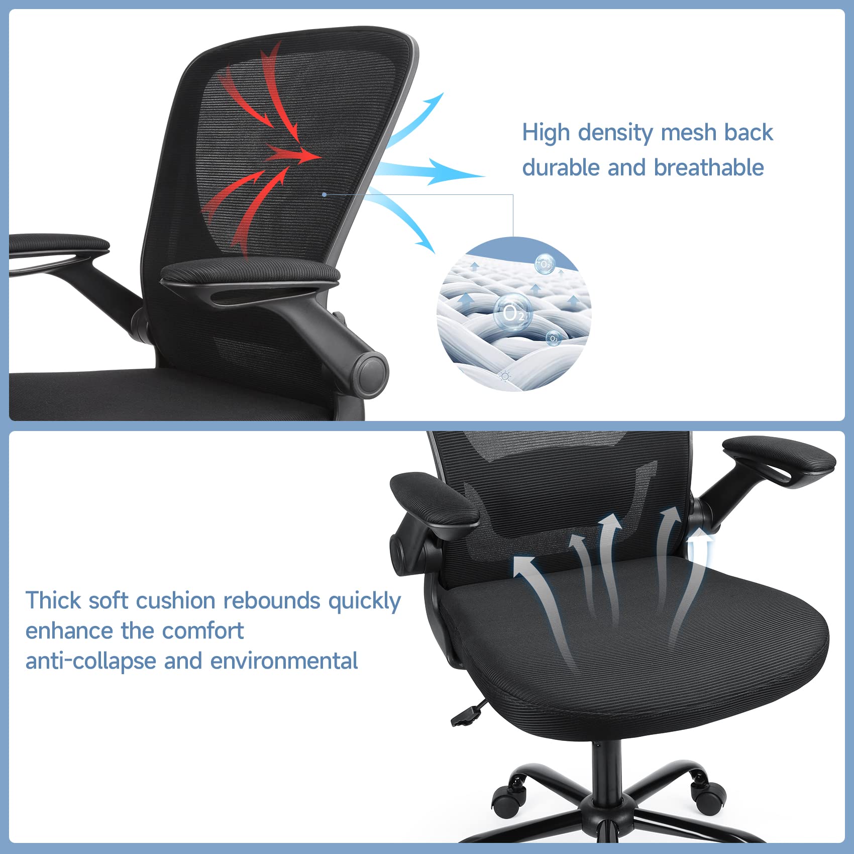 Ergousit Ergonomic Home Office Chair, Mesh Office Chair Flip Up Arms with Lumbar Support, Adjustable Comfortable Computer Desk Chair Ergonomic, 250Lbs Capacity (Black)