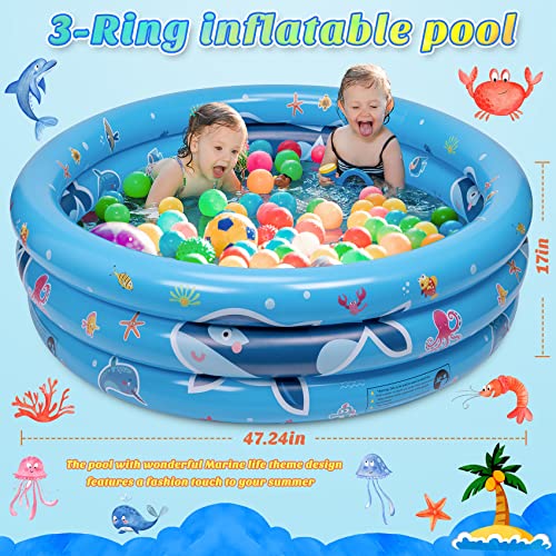 balnore Kiddie Pool for Toddlers - Whale Inflatable Kiddie Pools | Kids Pools for Backyard | 3 Ring Kiddie Pool/47x17 Indoor Outdoor Pool Party