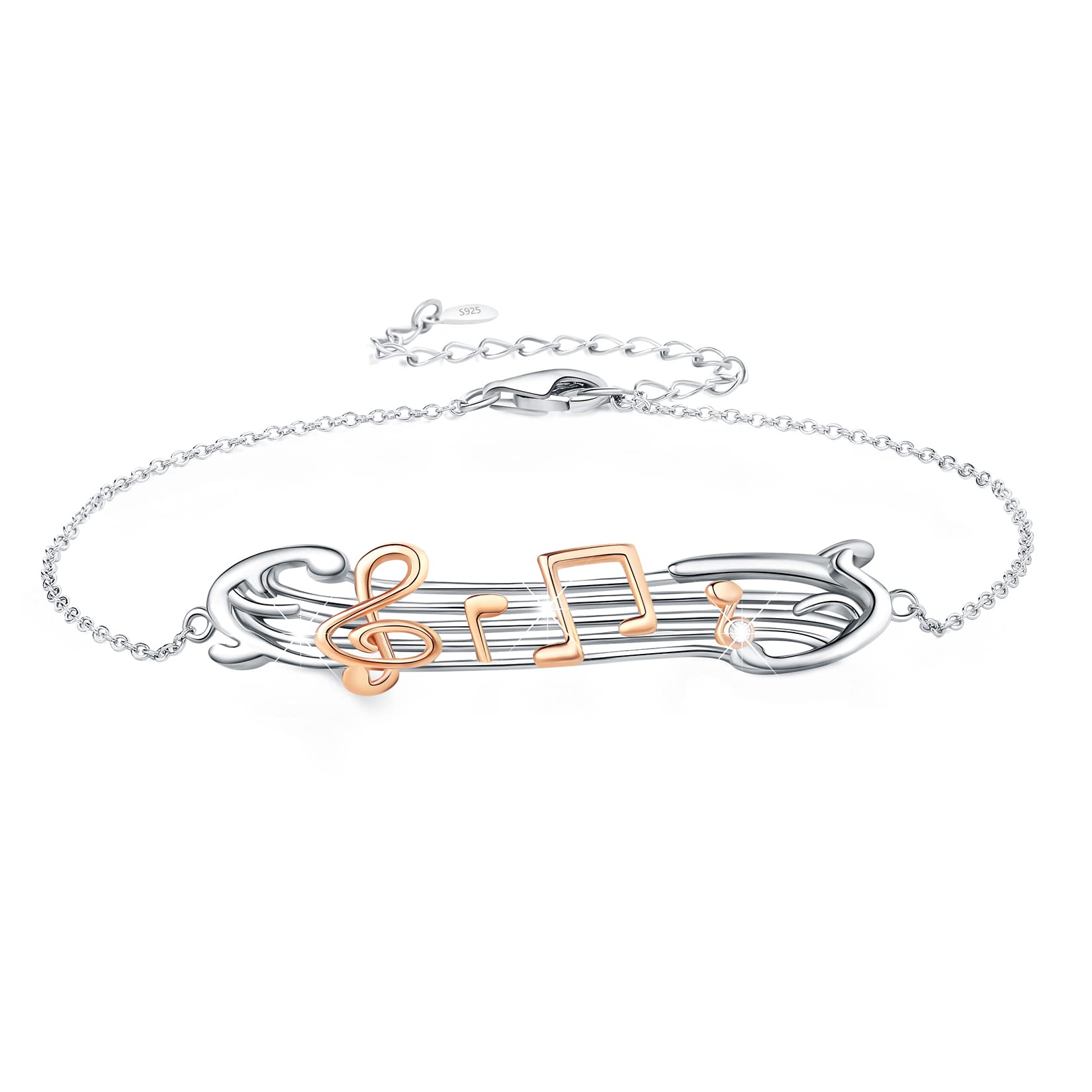 ASLBUNM Music Bracelet S925 Sterling Silver Music Note Love Heart Adjustable Link Musical Jewelry Christmas Gift for Women Music Lover