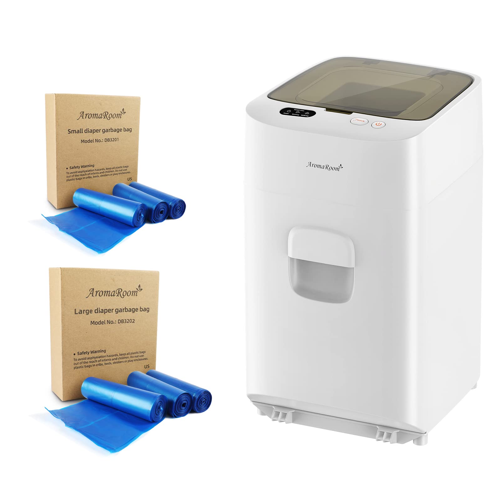 AromaRoom Electric Diaper Pail & Diaper Pail Refills bag, 3 Rolls (Standrad Size 135 Count,) & 3 Rolls (Large Size 108 Count)