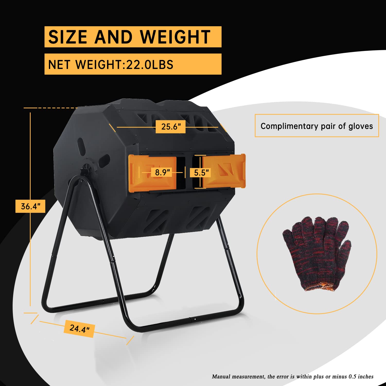Compost Bin Outdoor Tumbler Compost Dual Chamber 43 Gallon Capacity BPA Free Rotating Batch Composting Tumbler with Sliding Doors All Season Composter for Garden Yard Orange