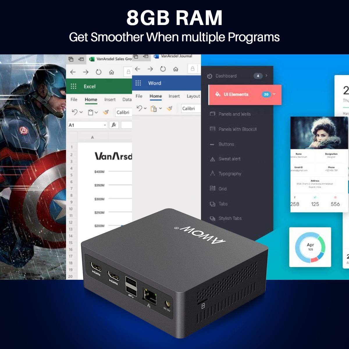 AWOW Mini PC Intel Atom x7-E3950, Mini Desktop Computer 8GB DDR4 128GB SSD 4K@30Hz, HDMI x2, Dual Band WiFi, USB x4 Gigabit Ethernet, BT