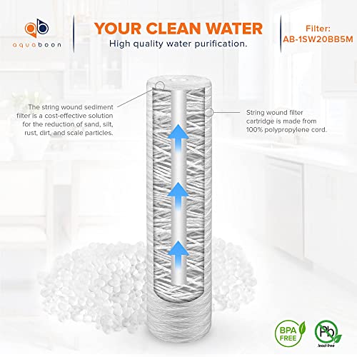 Aquaboon 5 Micron 20" x 4.5" String Wound Sediment Water Filter Cartridge | Whole House Sediment Filtration | Compatible with PC40-20, WP1BB20P, 355222-45, WPP-45200-01, WPP-45200-01, 84650, 1-Pack