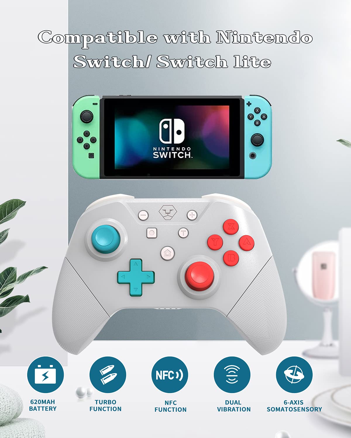 AOLION Switch Pro Controller, Wireless Switch Controller for Nintenndo Switch/Switch Lite Built-in 620mAh Battery, Supports Gyro Axis, Turbo, NFC Amibo Function, Wake-Up and Dual Vibration (Grey)