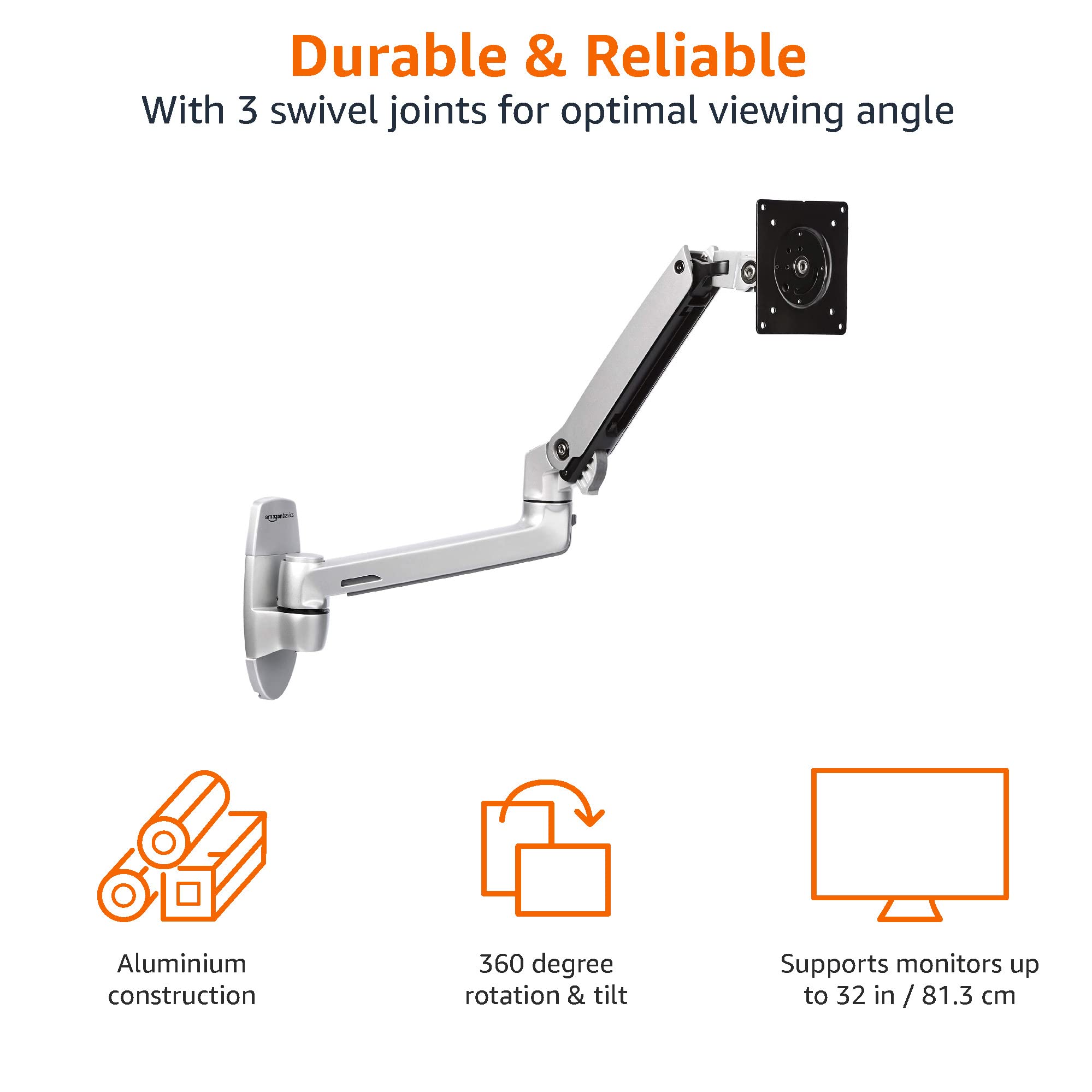 Amazon Basics Wall Mount Computer Monitor and TV Stand - Lift Engine Arm Mount, Aluminum – Silver