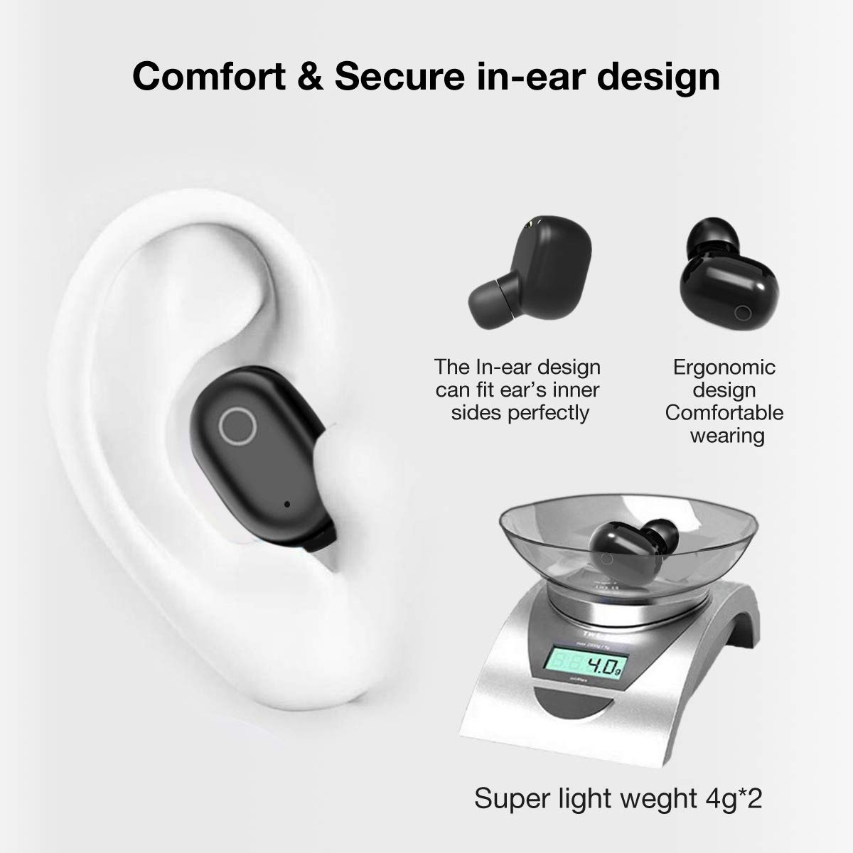 Alpha Digital Touch Control Wireless Ear-Buds, Bluetooth 5.0, Easy Pairing, LED Power Indicator, Noise Canceling, True Stereo Bass Sound Quality, Dust-Proof, Waterproof,12 Hours Play time, Black