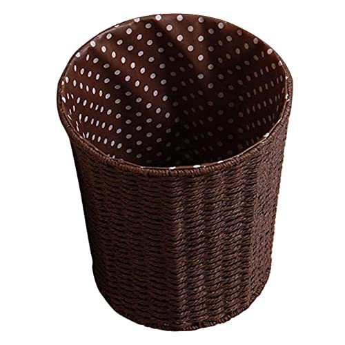 Platopotato Paper Waste Basket Rattan Woven Storage Baskets Decorative Round Trash Can for Bedroom Desktop Living Room Kitchen Coffee
