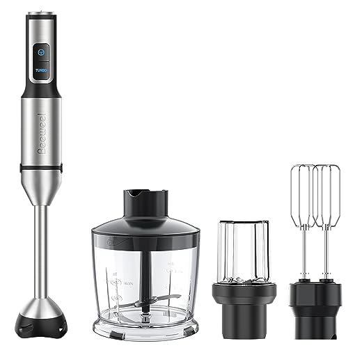BEEWEEL Immersion Blender - 800 Watts Scratch Resistant Hand Blender, 15 Variable Speeds & Turbo Hand Mixer, 4-in-1 Heavy Duty Copper Motor Handheld Blender with Egg Whisk,Chopper and Coffee Grinder