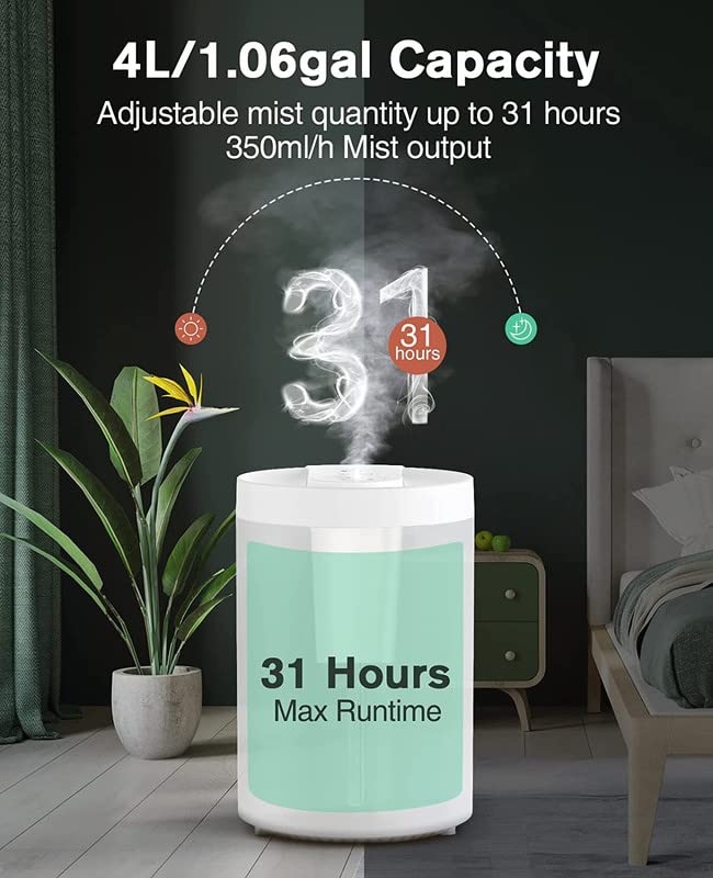 KOIOS Patented Cool Mist Humidifiers (2023 Upgraded), 4L Top Fill Ultrasonic Air Humidifier, Essential Oil Diffuser for Bedroom Large Room Home, 31H Runtime, Whisper Quiet Perfect for Babies, Plants