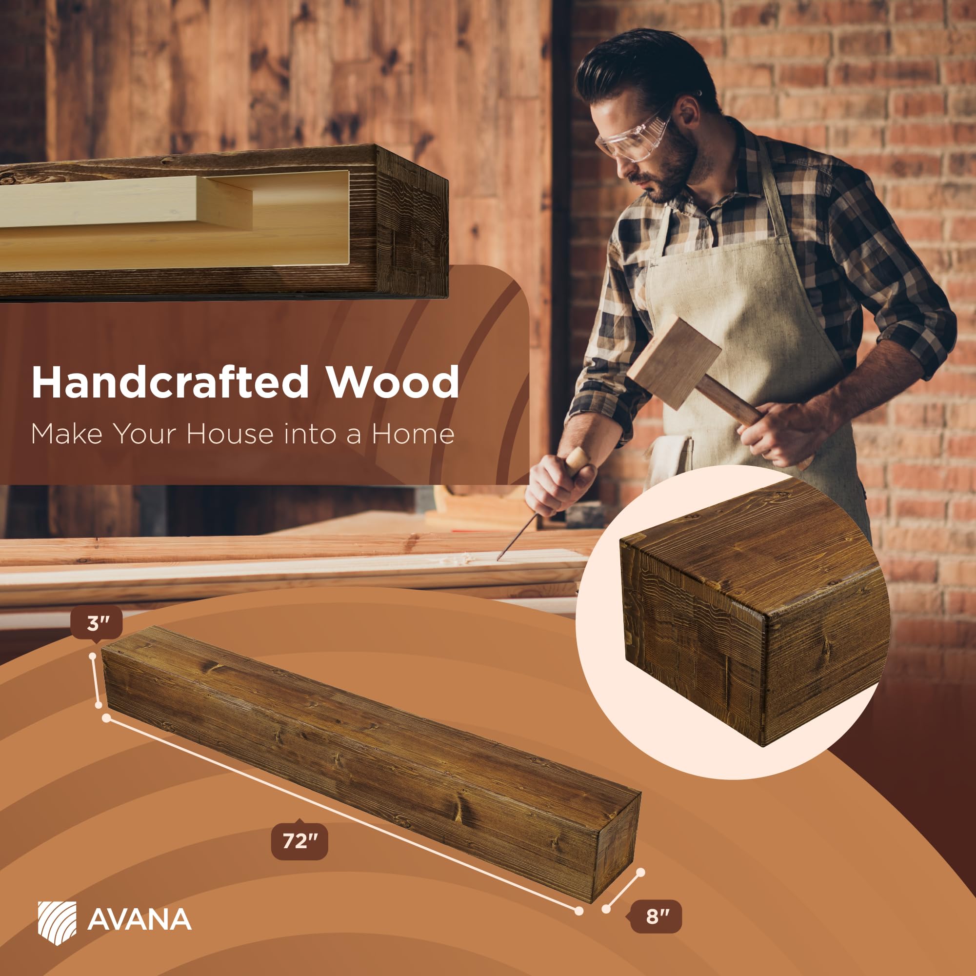 Avana Fireplace Mantel - Wall-Mounted Mantles for Over Fireplace - Farmhouse Fireplace Mantle Shelves - Handcrafted Wood Fireplace Mantels - Floating Fireplace Mantel 72 X 8 X 3 - Rustic Traditional