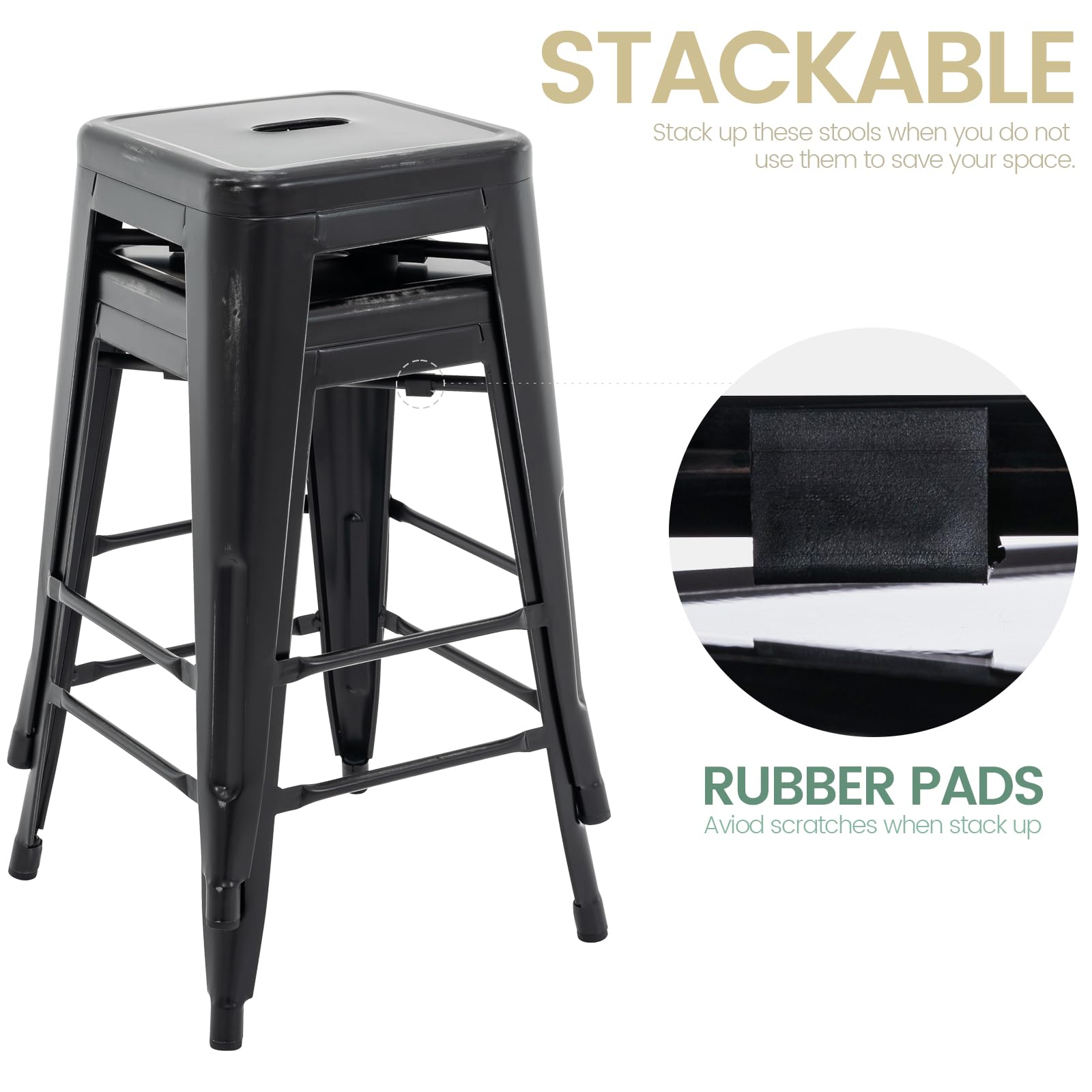 Vogue Furniture Direct 24 Inch Metal Bar Stools, Backless Counter Height Barstools, Indoor Outdoor Stackable Stools with Square Seat, Set of 2 (Distressed Black)