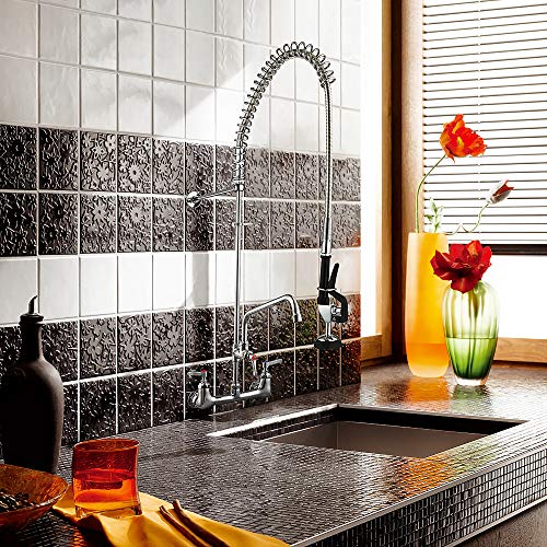 Aquaterior Upgraded Pre-Rinse Commercial Kitchen Faucet with Sprayer 44" Height Wall Mount Double Handle with Add-On 12" Rotatable Spout Pull Down for 2/3 Compartment Sink CUPC NSF CEC