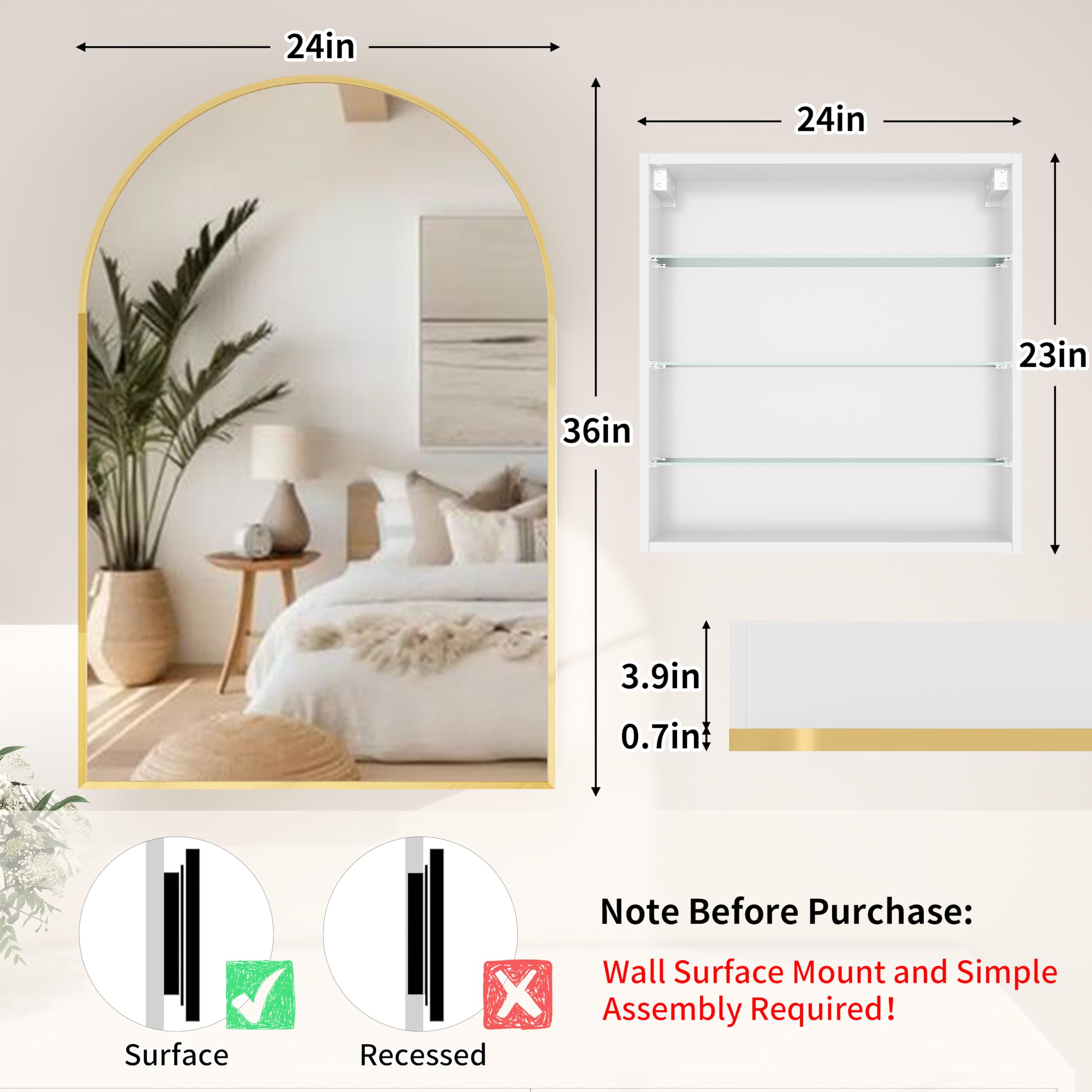 Black Medicine Cabinet with Mirror, Bathroom Arched Medicine Cabinet Wall Mounted, Modern Vanity Mirror with Storage, Mirrored Cabinet with Adjustable Shelves, Not Recessed, 24x36 Inch