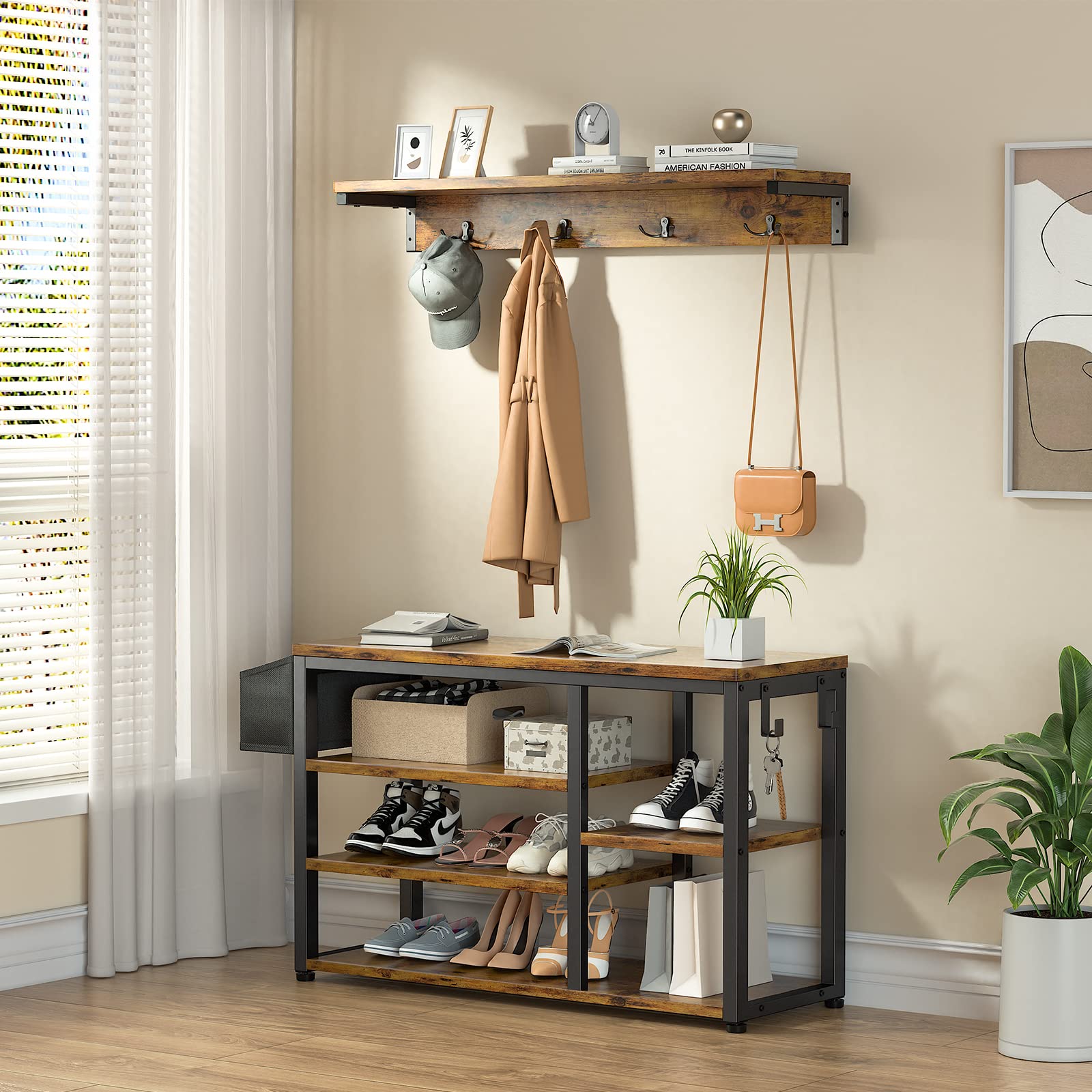 Aiho Hall Tree Shoe Bench with Storage, 4 in 1 Coat Rack Set, Industrial Bench with 4 Hooks, 5 Storage Shoe Cubbies, for Entryway, Hallway, Rustic Brown