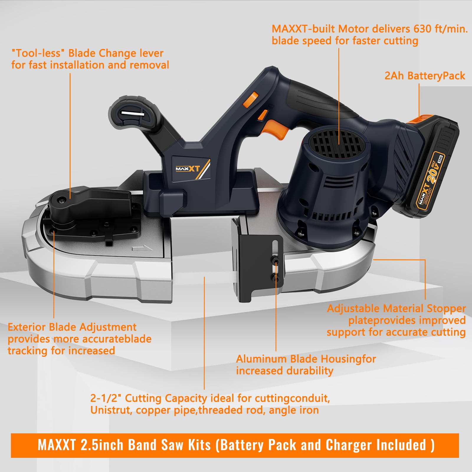 Bandsaw Cordless, MAXXT 2-1/2 inch Brushless Power Metal Bandsaw 20V MAX 2.5" Cutting Capacity 6 Speeds Adjustable, No Hot Sparks When Cutting Metal, Portable BandSaw for Deep Cut