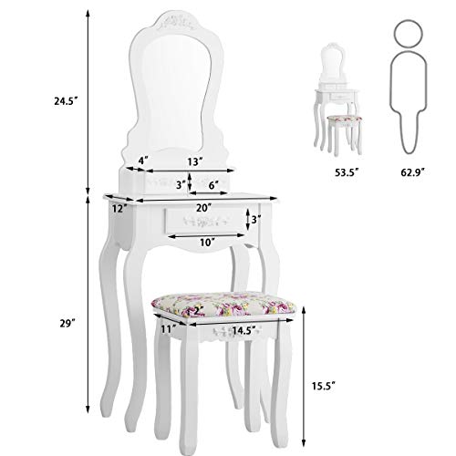 Giantex Vanity Set with 3 Drawers and Cushioned Stool, Makeup Dressing Table for Bathroom Bedroom Small Space, Vanity Table and Bench for Kids Girls Women Gifts (White)