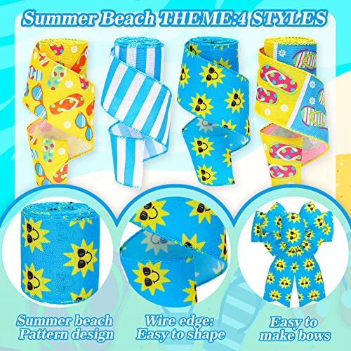 Whaline 4 Rolls Summer Wired Ribbon 24 Yards Flip Flop Fabric Decorative Ribbon Summer Theme Sunshine Fabric Ribbon Beach Party Stripe Craft Ribbon for Summer Wreath Bow DIY Craft Wrapping, 2.5 Inch