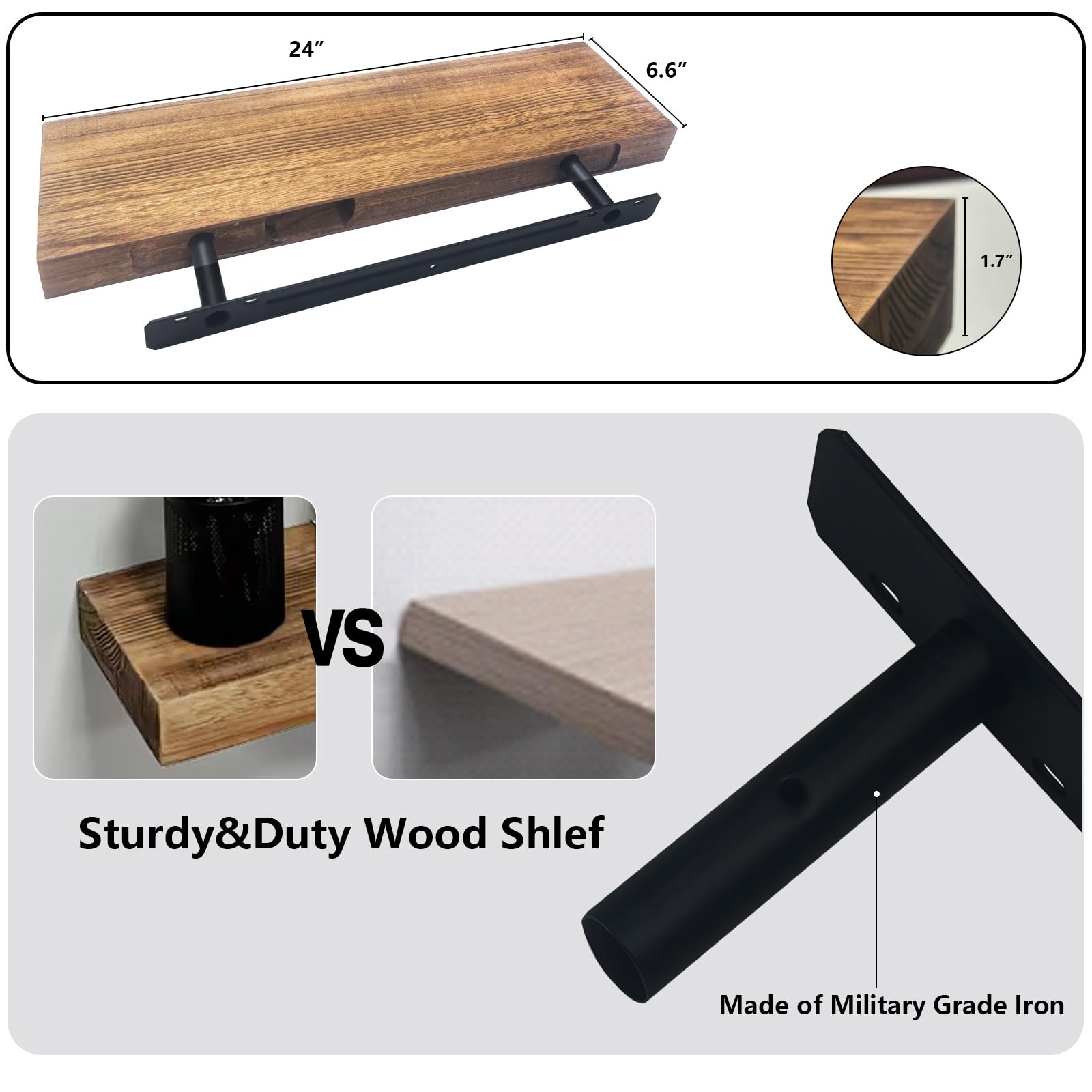Beneouya 24 Inch Floating Shelves, Bathroom Wooden Shelves for Wall Mounted, Rustic Farmhouse Floating Shelves, Solid Wood Wall Shelves for Storage, Set of 2,White