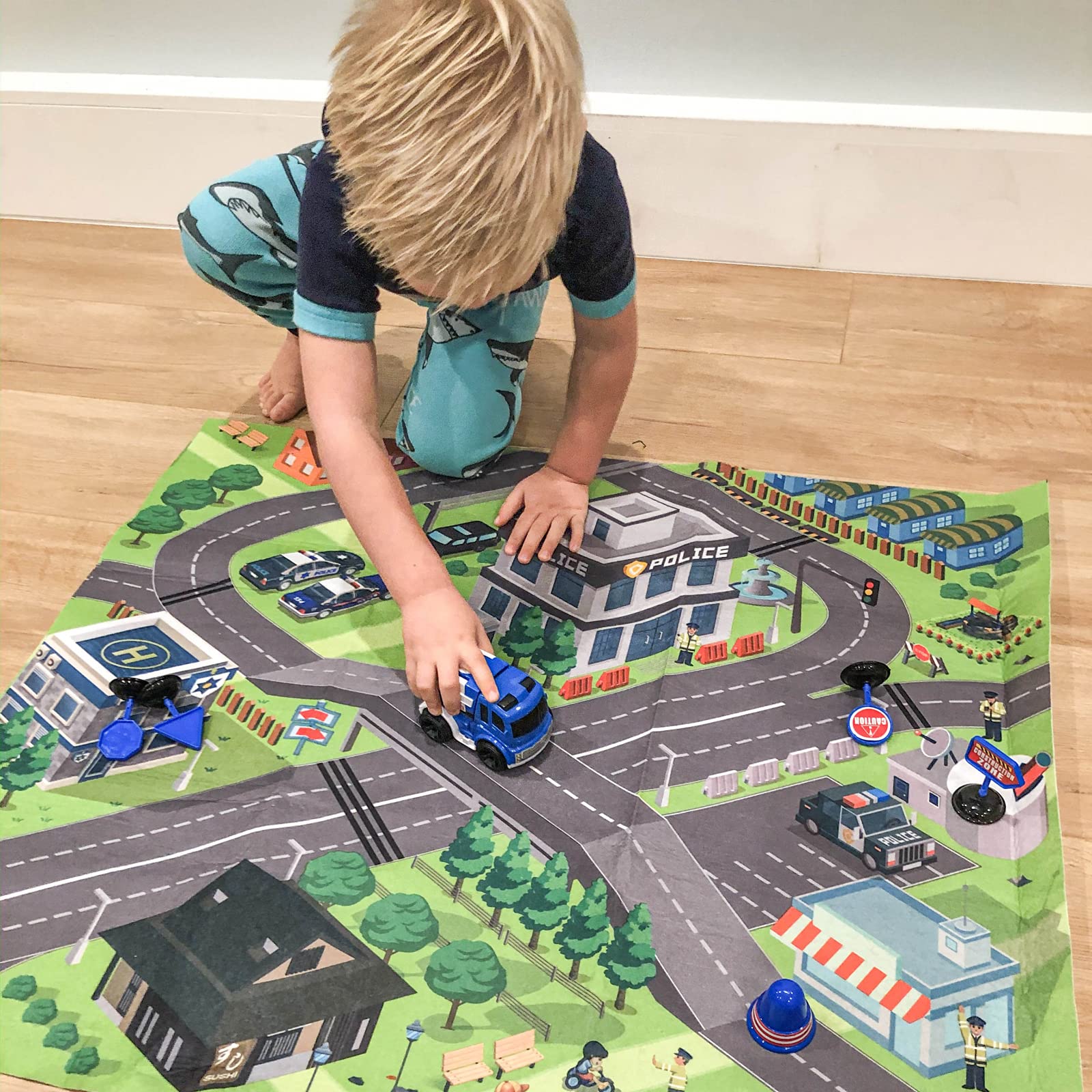 Kidplokio 8pc City Transport Playmat Set Friction Power Police Cars Boys 3 and Up
