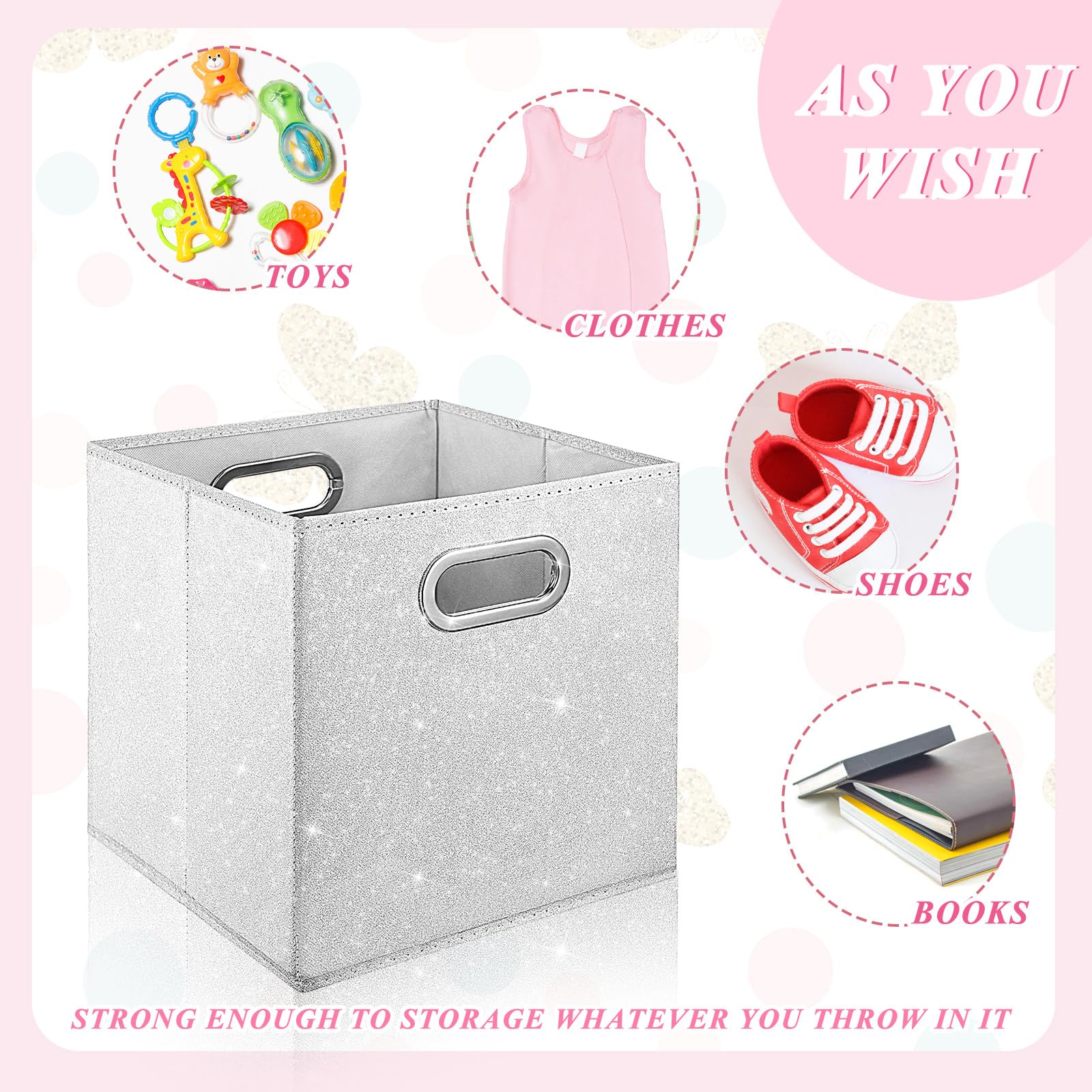 Tioncy 6 Pcs Silver Storage Cubes Shiny 11 x 11 x 11 Inch Storage Basket with Handles Collapsible Storage Bins Container Fabric Large Toys Clothes Organizer Box for Home Desktop Closet Shelf