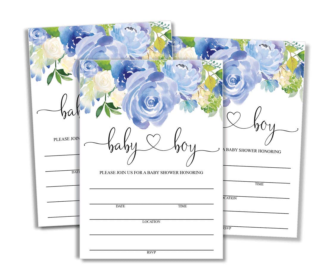 All Ewired Up 50 Blue Floral Baby Shower Invitations with Envelopes (Large Size 5x7) Boy Baby Shower Invite (5X7 Large)