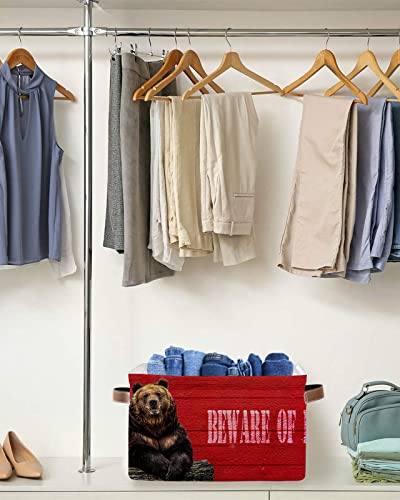 Animal Bear Retro Red Farm Wood Grain White White Slogan Cube Storage Organizer Bins with Handles,15x11x9.5 Inch Collapsible Canvas Cloth Fabric Storage Basket,Books Toys Bin Boxes for Shelves,Closet