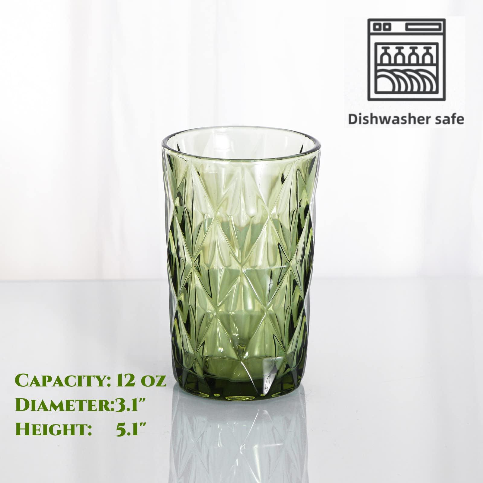 Bandesun Thick Glassware Drinking Glass set of 6 Diamond Kitchen Glasses Tumbler Cup(12 OZ),for Water,Cocktail,Milk,Juice and Beverage.