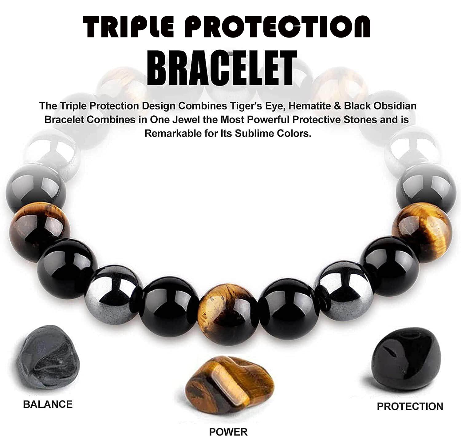 7 Chakra Yoga Meditation Bracelet Protection Bracelet , Double Layer Natural Gemstone Beads Bracelets,Tigers Eye Black Obsidian Hematite Black Agate Healing Crystal Bracelet,Feng Shui Handmade