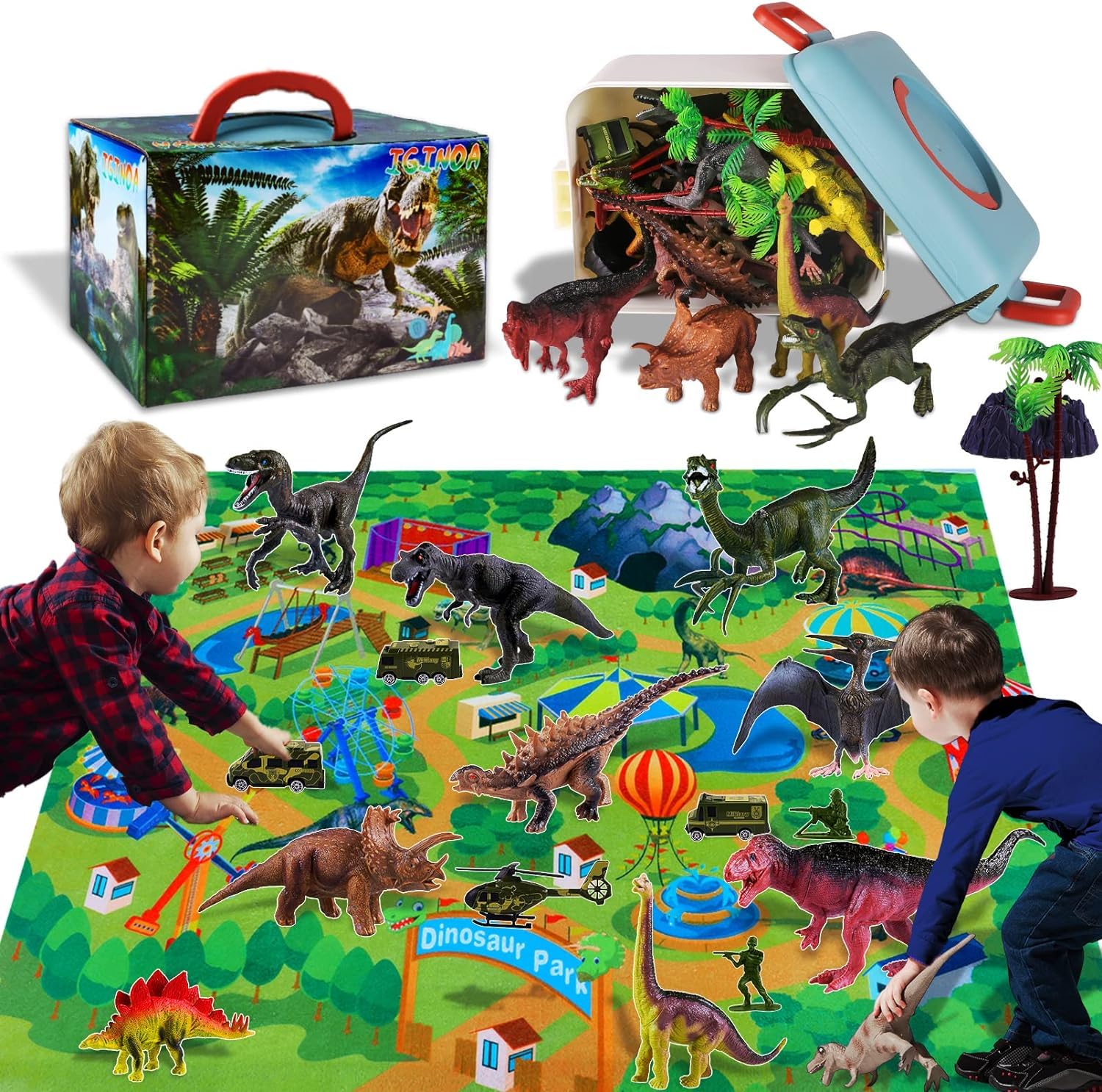 Kids Dinosaur Toys Jurassic Dino Figure Set Play Mat Little Boys Room Decor 3 4 5 6 7 8 Year Old Gift Juguetes Dinosaurios Para Niños Autism Train Kit Present Trex T Rex Playset Learning Resources