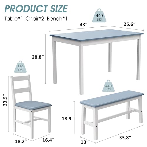 Dining Table Set for 4, 4 Piece Kitchen Table with Chairs and Bench, Wood Rectangular Dining Table Set with 2 PU Leather Chair and Bench for Small Spaces, Apartment, Breakfast, Living Room (Blue)