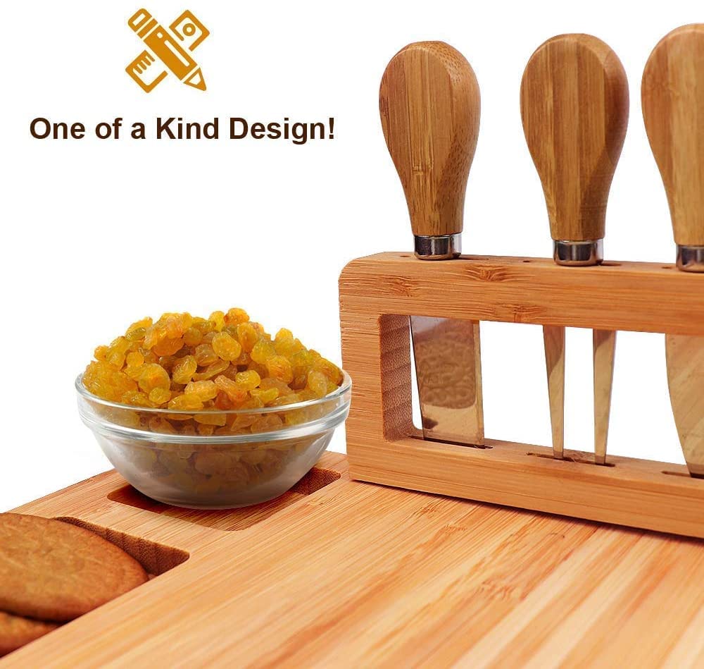 Bamboo Cheese Board Set Charcuterie Platter Serving Meat Board Including 4 Stainless Steel Knife and Serving Utensils for Christmas Wedding Birthday Anniversary