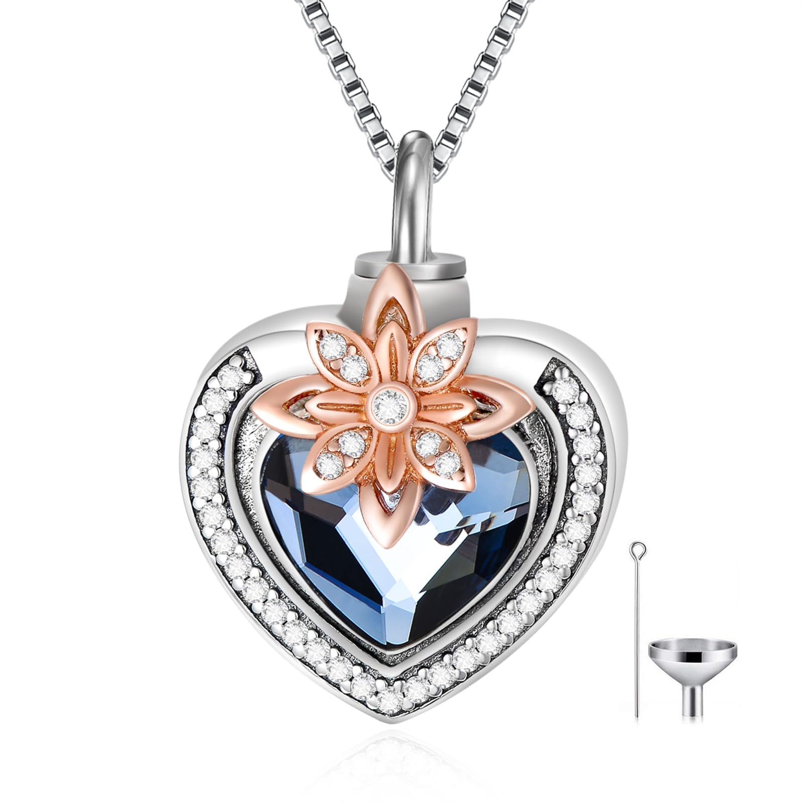 AOBOCO 925 Sterling Silver Heart with Flower Urn Necklace for Ashes Engraved Forever in My Heart Cremation Keepsake Necklace with Austrian Crystals Memorial Jewelry Gift for Women