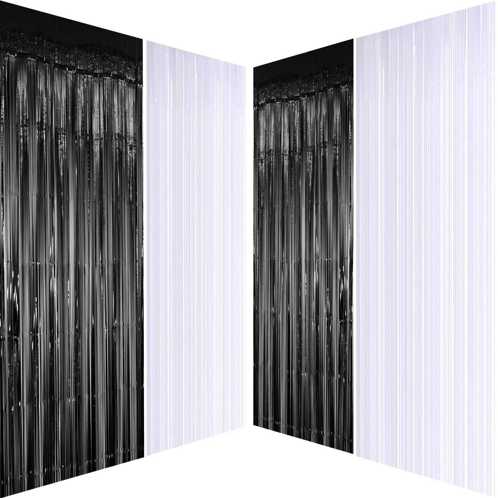 Black White Metallic Tinsel Foil Fringe Curtain - Wedding Graduation Retirement Birthday Baby Bridal Shower Engagement Anniversary Bachelorette Halloween Party Photo Booth Backdrop Decoration, 4pc
