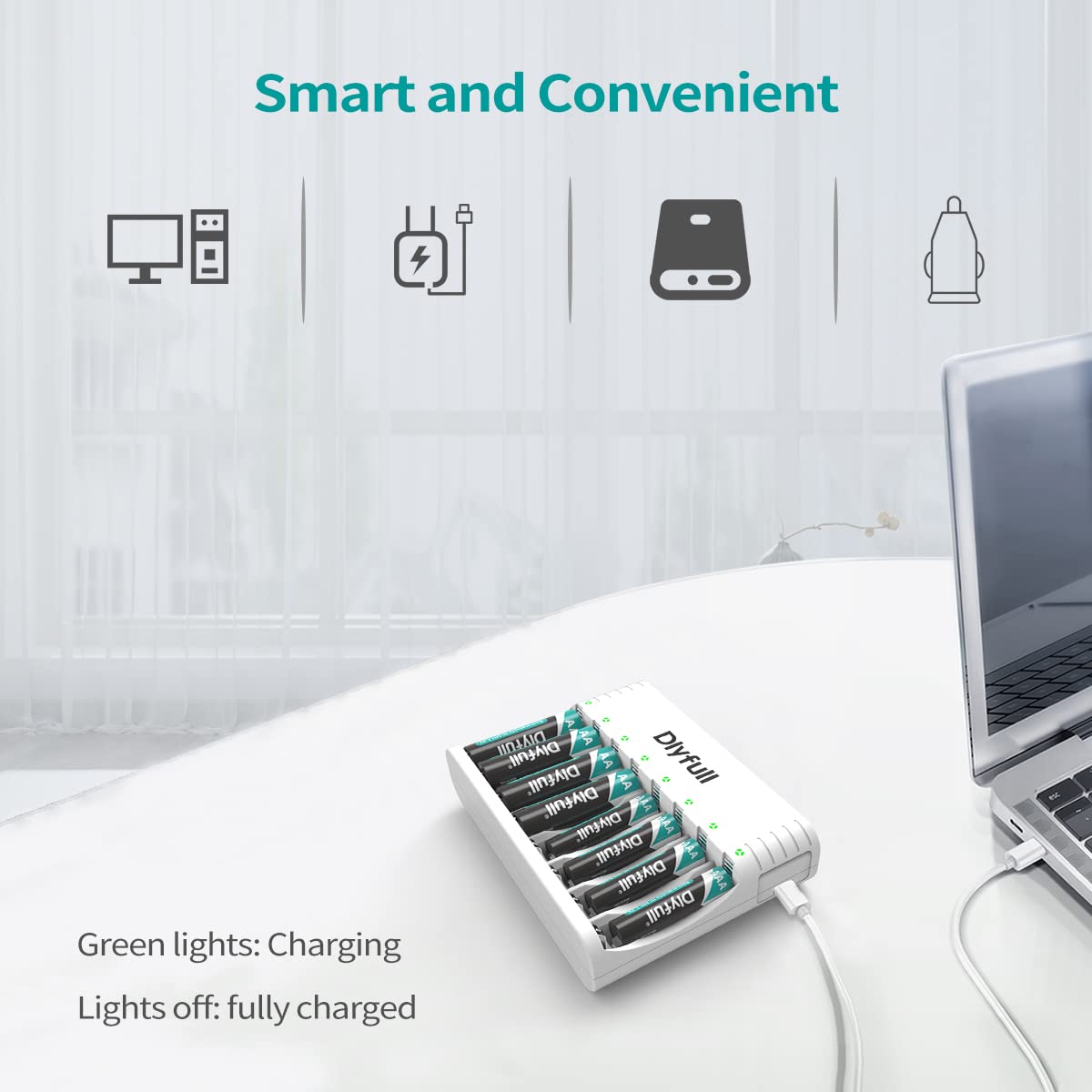 Dlyfull 8 Bay AA AAA Battery Charger with Type-C High-Speed Charging, Independent Slot for Ni-MH Ni-CD Rechargeable Batteries, Cable Included
