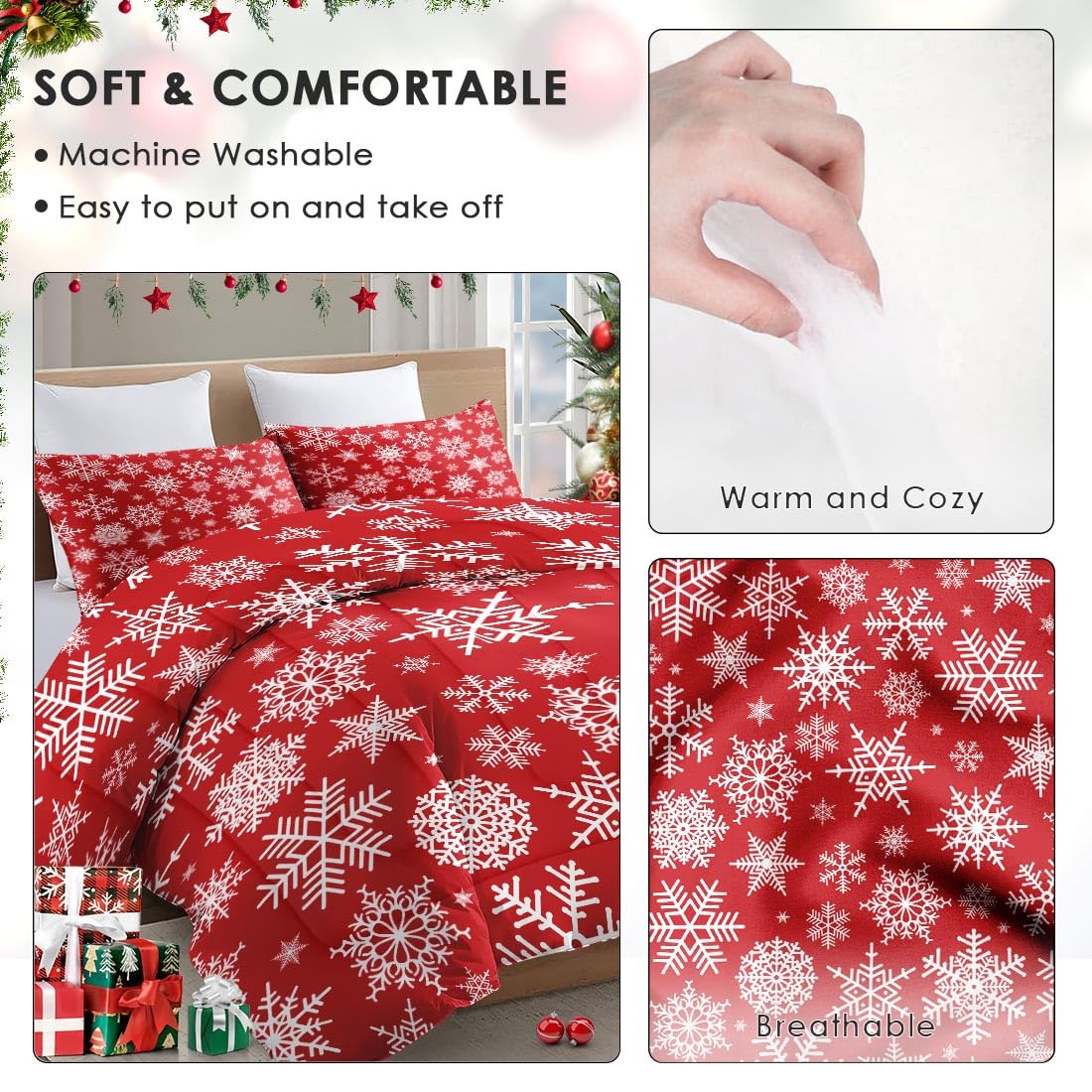 WeCozy Queen Size Comforter Set with 2 Pillowcases, Christmas Gray Cute Santa Snowman Soft 3 Pcs Bedding Set for Kids and Adults Bedroom Bed Decor