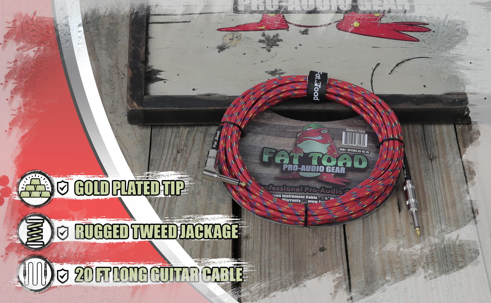 Fat Toad Guitar Cable Right Angled to 1/4 Straight-End Instrument Cord Tweed Cloth Jacket Braided Woven 20FT Quarter Inch Gold Jack TS for Electric Guitar, Bass, Keyboards | Shielded 24 AWG Patch
