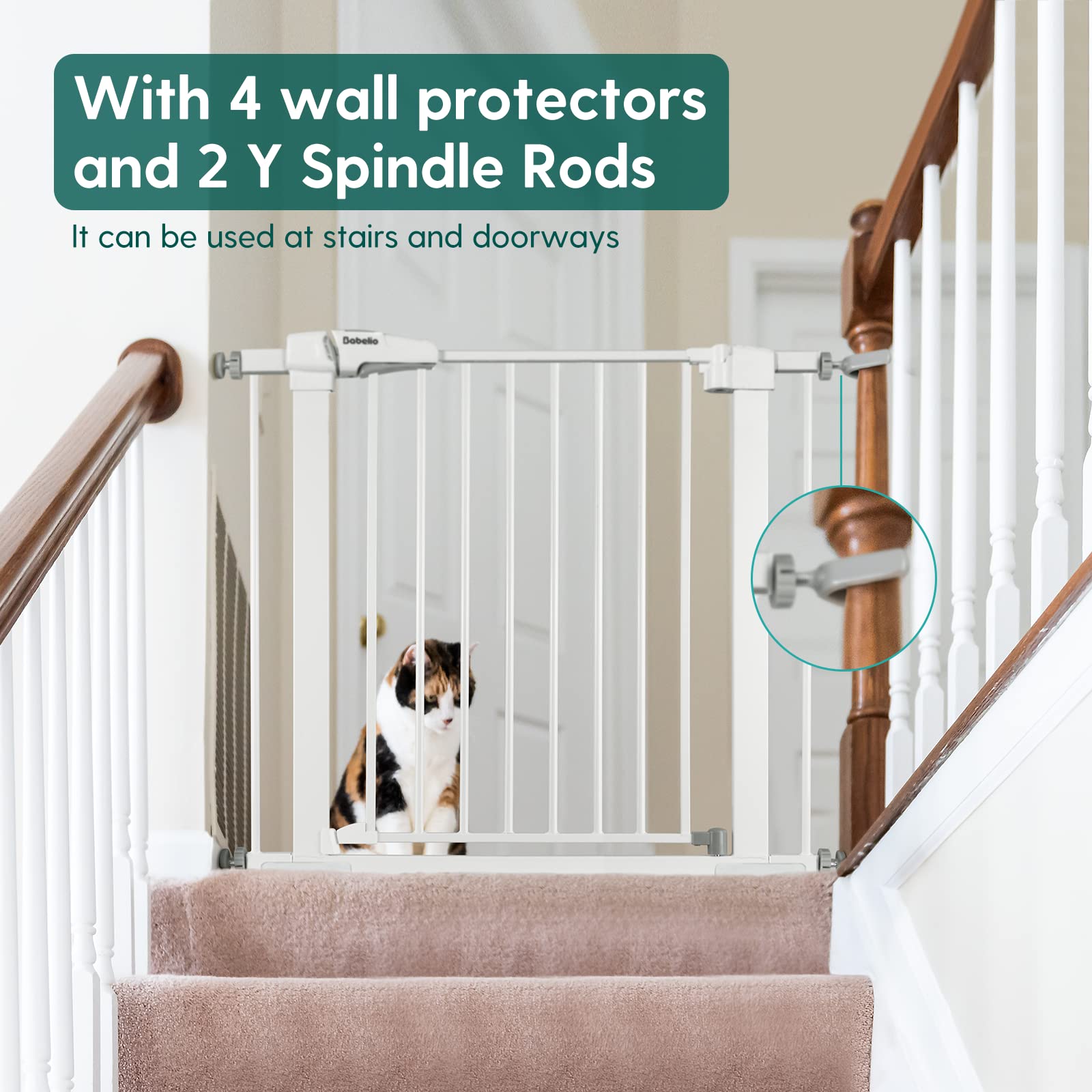 BABELIO 29-51 Inch Extra Wide Baby Gate Dog Gate, Metal Pet Gate for Stairs & Doorways, Pressure Mounted Walk Thru Child Gate with Door, NO Need Tools NO Drilling, with Wall Cups, White